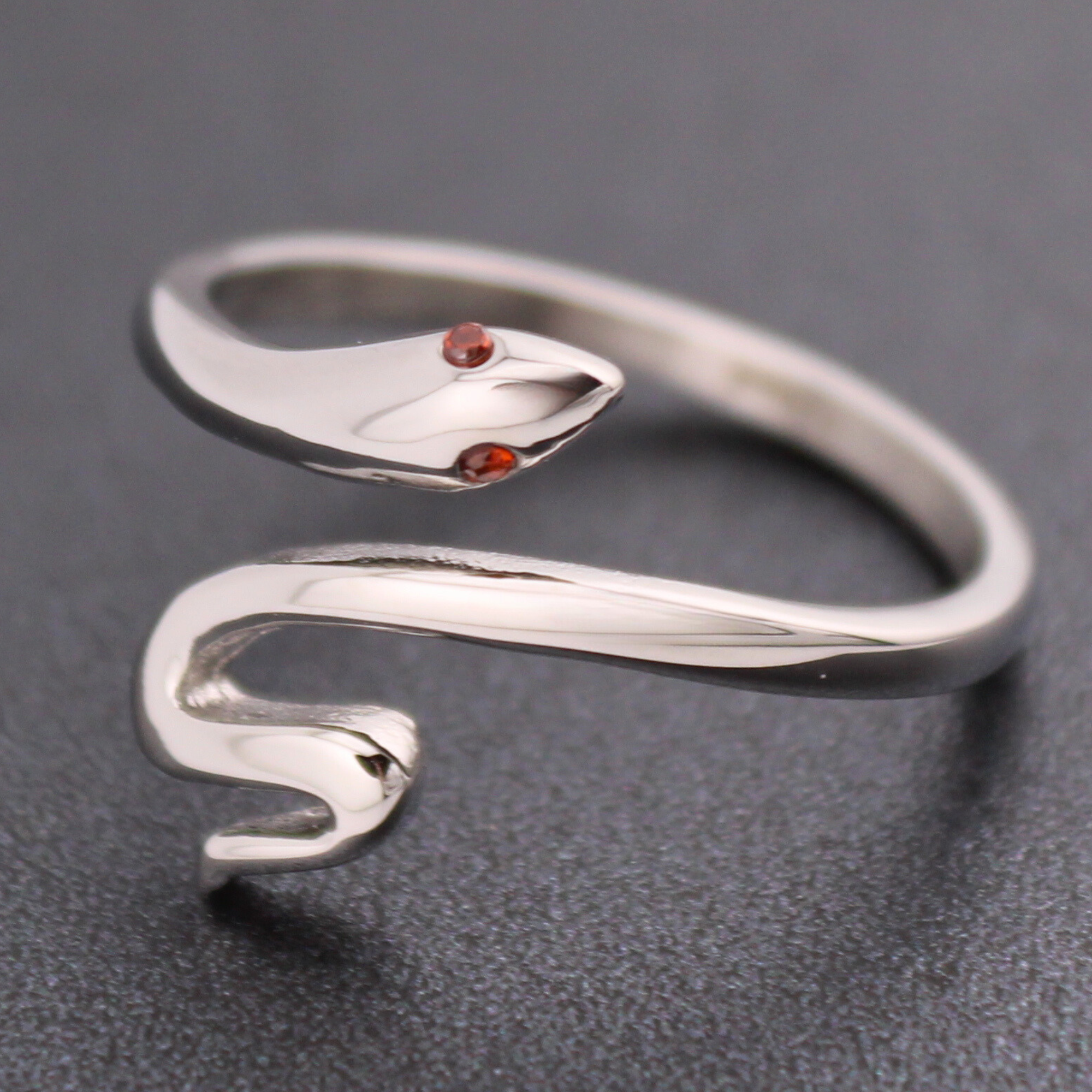 Sterling Silver Wrap-Around Snake Ring with CZ Ruby Eyes – Captive Collars